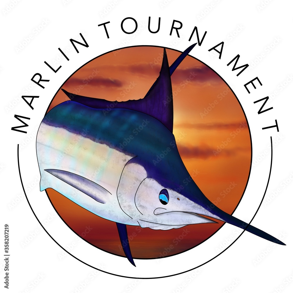 Blue marlin with a tropical sunset background and tournament lettering ...