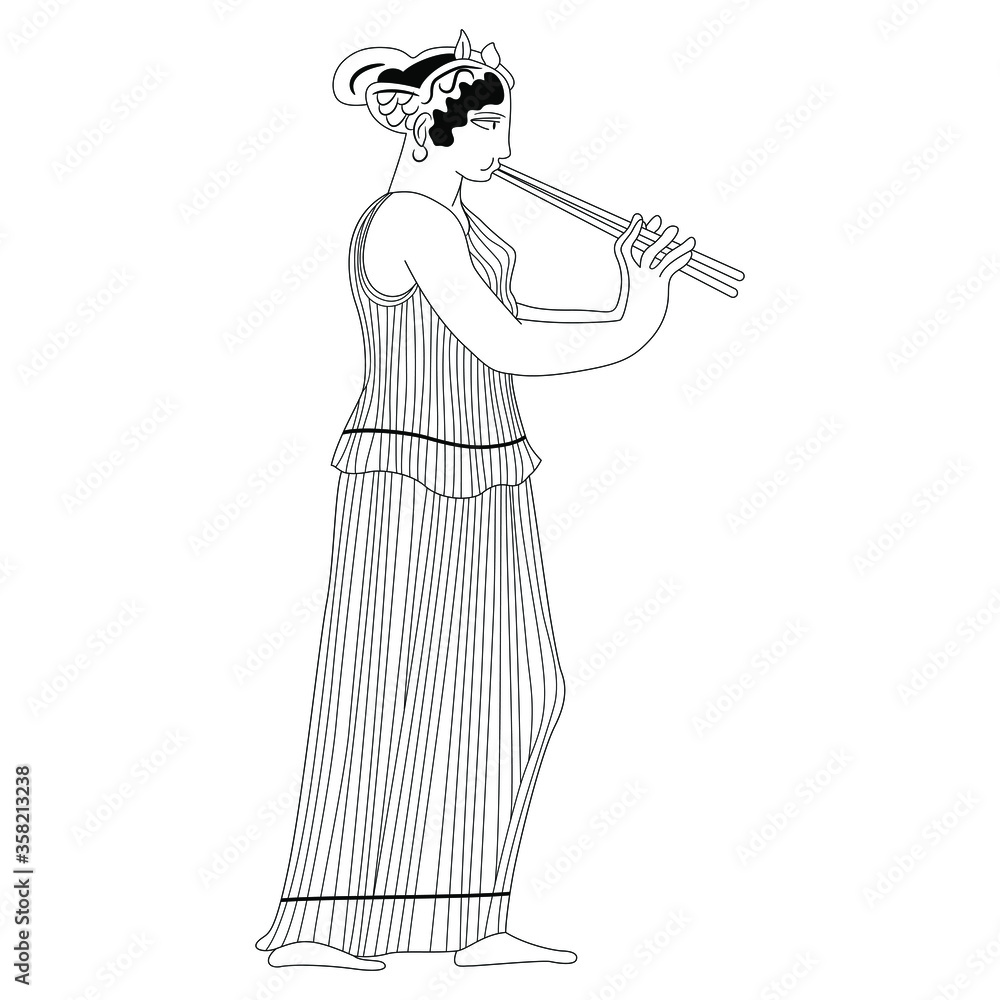 Ancient Greek girl playing double flute aulos. Vase painting style ...