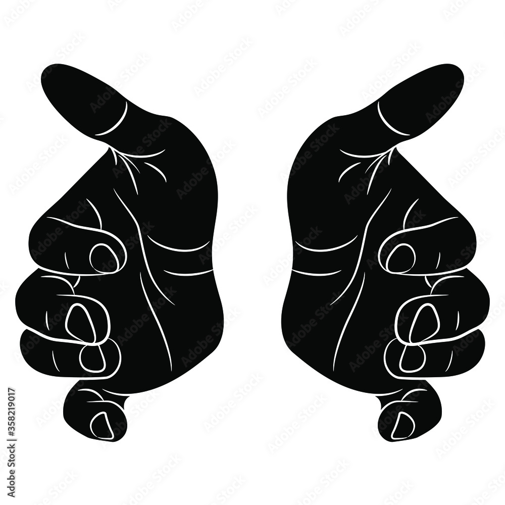 Two reached forward human male hands with open palms in protecting or ...