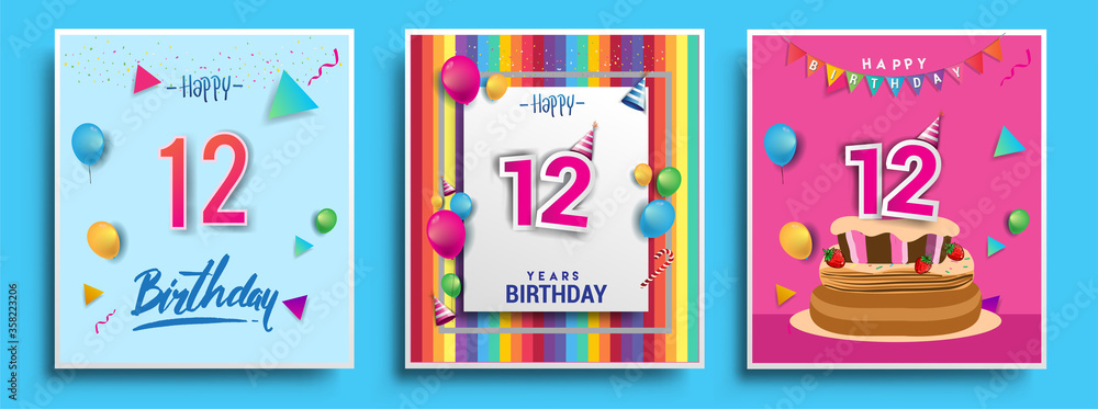 Vector Sets of 12th Years Birthday invitation, greeting card Design ...