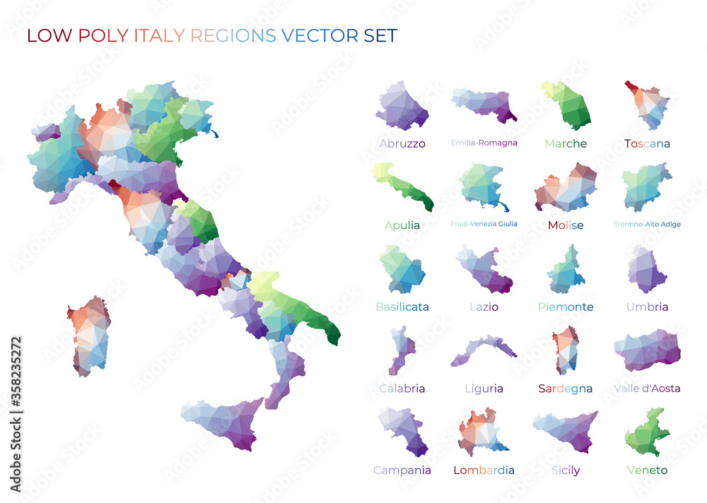 Italian low poly regions. Polygonal map of Italy with regions ...