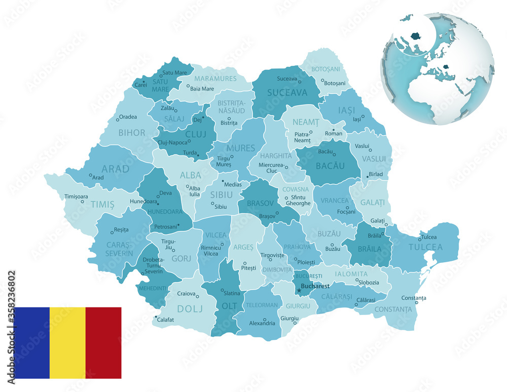 Romania administrative blue-green map with country flag and location on ...