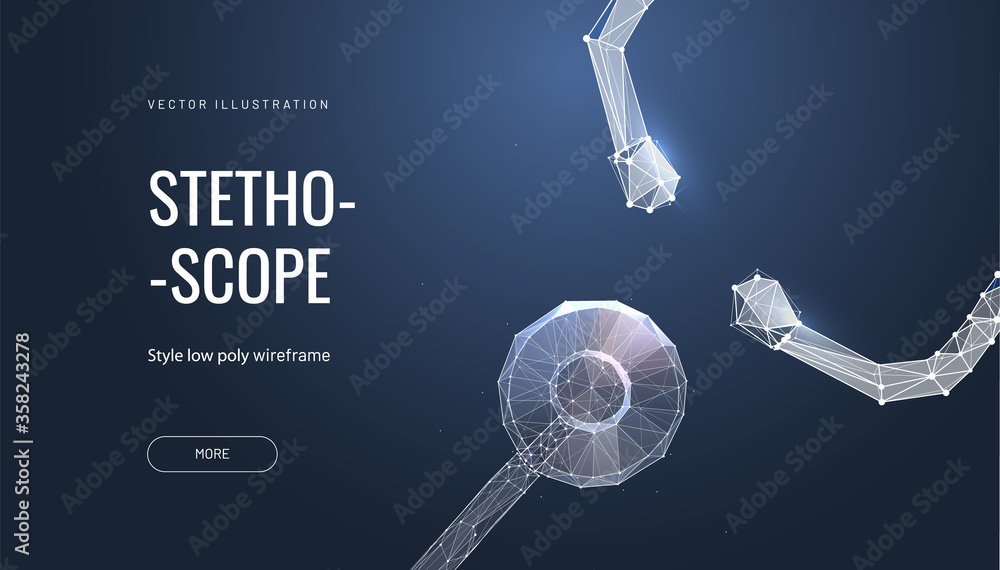 Stethoscope low poly wireframe banner template. 3d medical instrument ...