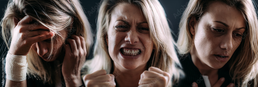 PTSD or Post Traumatic Stress Disorder Collage. Woman expressing ...