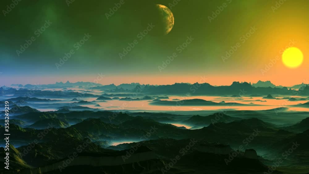 Bright Sunrise over an Alien Planet. A bright yellow sun rises from the ...