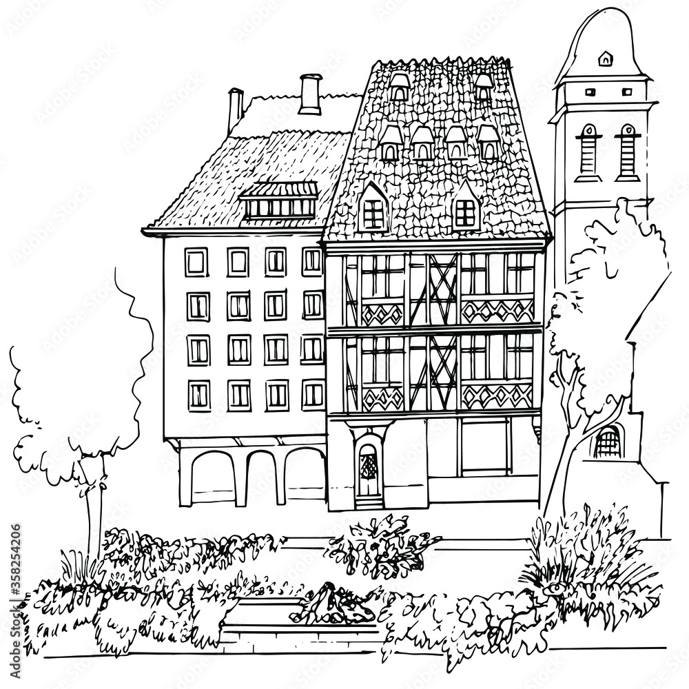 French architecture. Linear sketch of a cozy street in Strasbourg. Hand ...