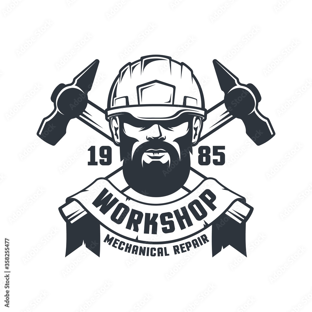 Industrial worker in hard hat and crossed hammers - retro logo ...