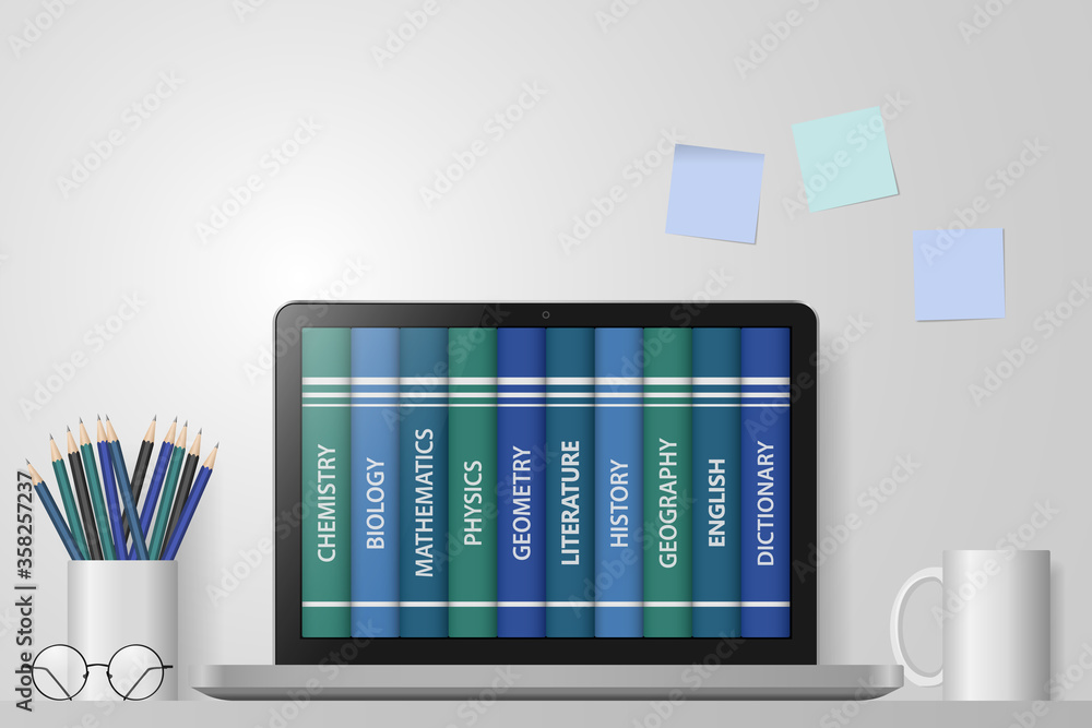 Digital library. E-book concept. Textbooks on computer screen ...