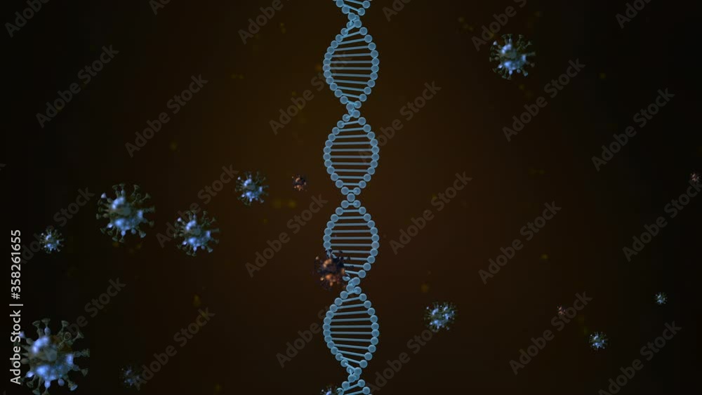 3D animation of rotating DNA strand surrounded and attacked by alien ...