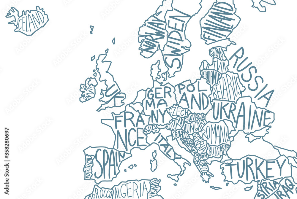 Drawn map of Europe with country names. European Union. Vector line ...