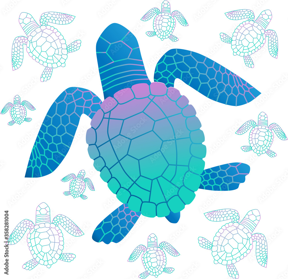 Vector flat line bright gradient colored turtles isolated on white ...