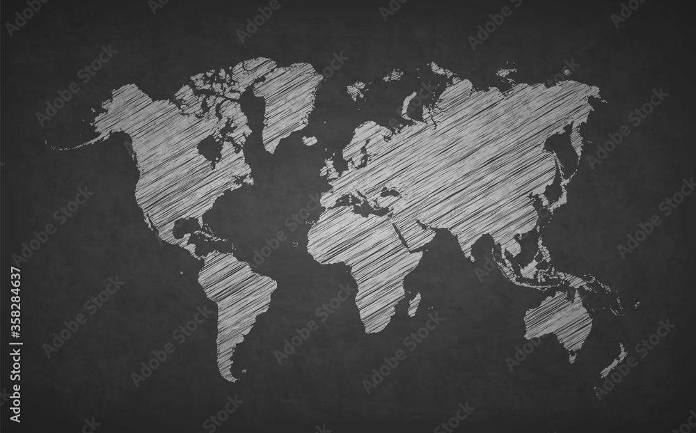 Map world sketch line. Hand drawn chalk on blackboard. Outline digital ...