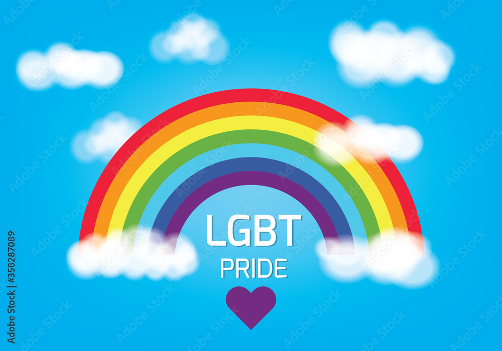 Classic cartoon rainbow arc with clouds against blue sky background ...