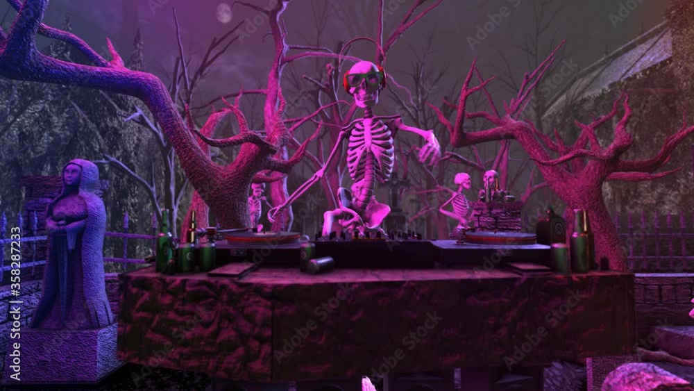 Seamless animation of a skeleton djing with turntables and bats flying ...