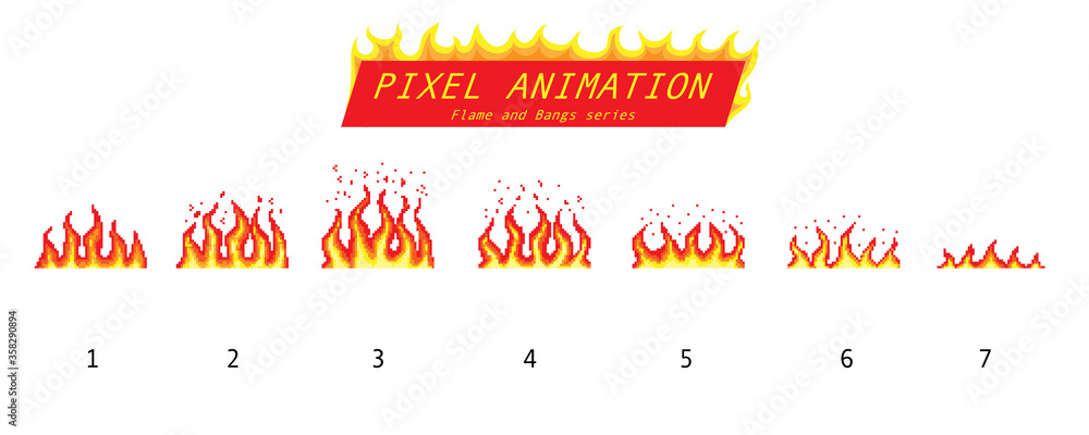 Pixel art 8 bit fire objects. Game icons set. Comic boom flame effects ...