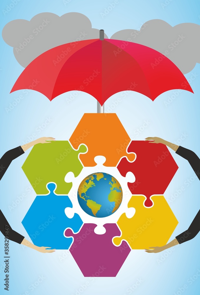 Planet earth surronded of puzzle pieces in different colors. The puzzle ...