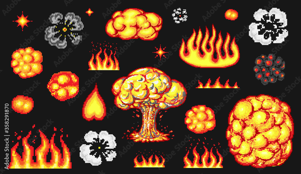 Nuclear explosion. Pixel art 8 bit fire objects. Mushroom cloud. Game ...
