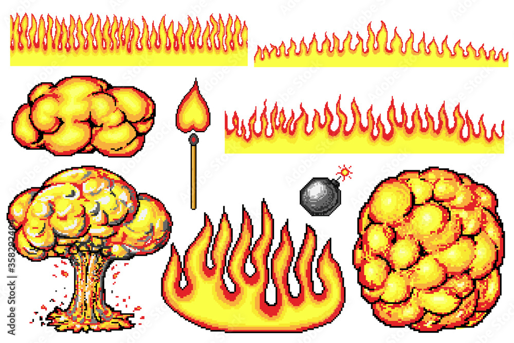 Nuclear explosion. Pixel art 8 bit fire objects. Mushroom cloud. Game ...