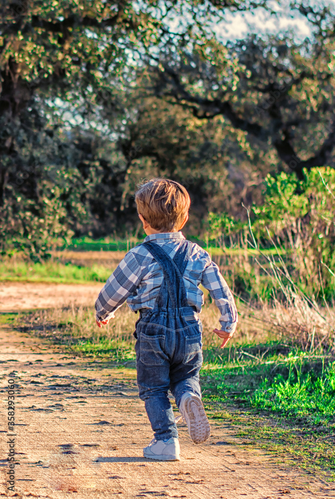 Little boy running and playing on the field. Child's lifestyle Stock ...