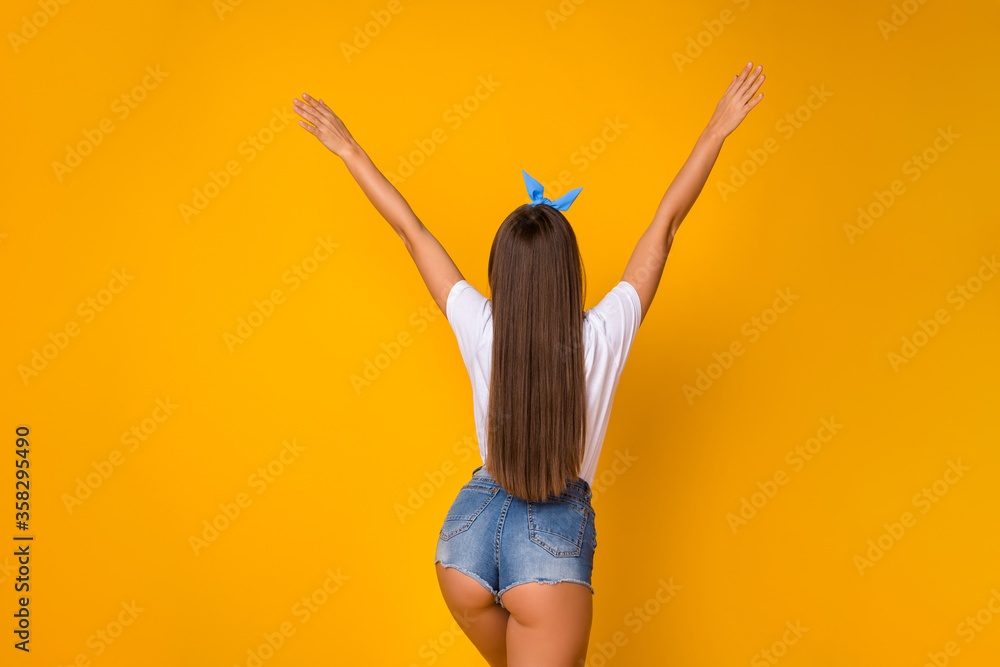 Back rear spine view photo of gorgeous pretty charming girl enjoy ...