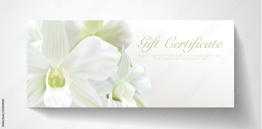 Gift certificate, Voucher with realistic white orchid flower bouquet ...
