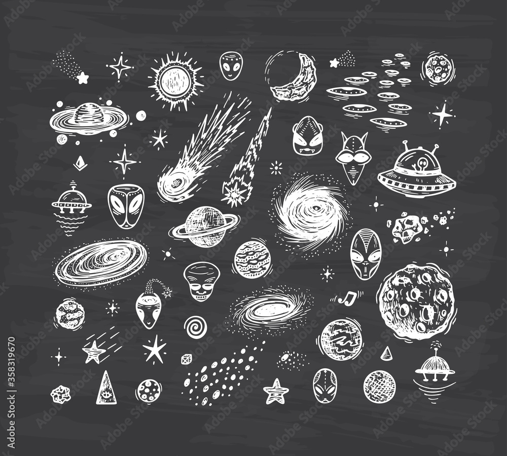 Outer Space Set. Cartoon Galaxy. Vector Universe. Hand Drawn Doodle ...