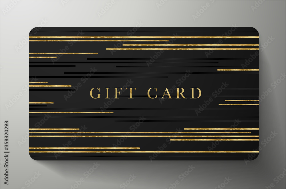 Gift card with gold horizontal glitch lines on black background. Dark ...