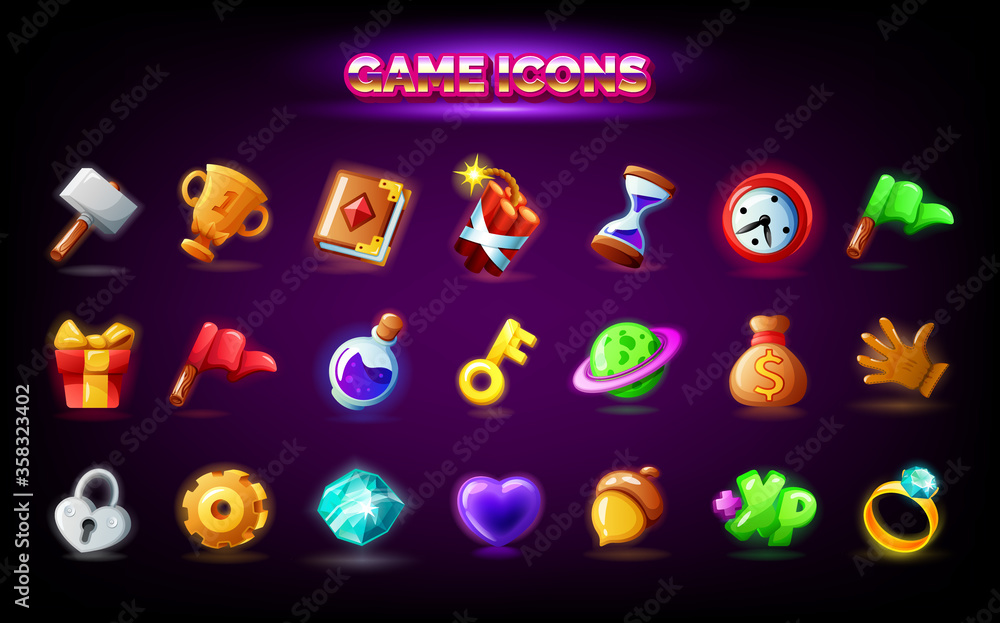 Mobile game icons set isolated on dark background. GUI elements for ...