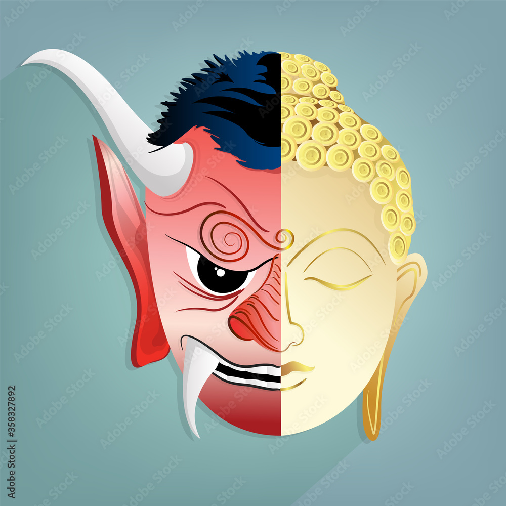 Mystical buddha half face with devil half face Stock Vector | Adobe Stock