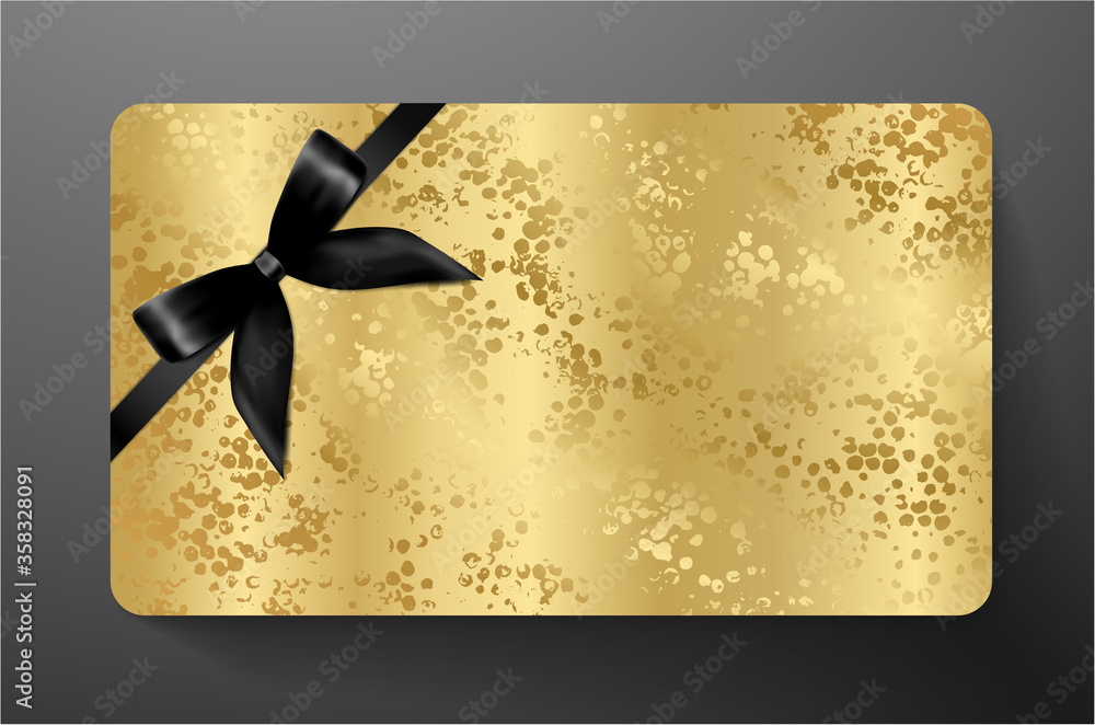 Gift card with back bow (ribbon) on gold background. Golden blank ...