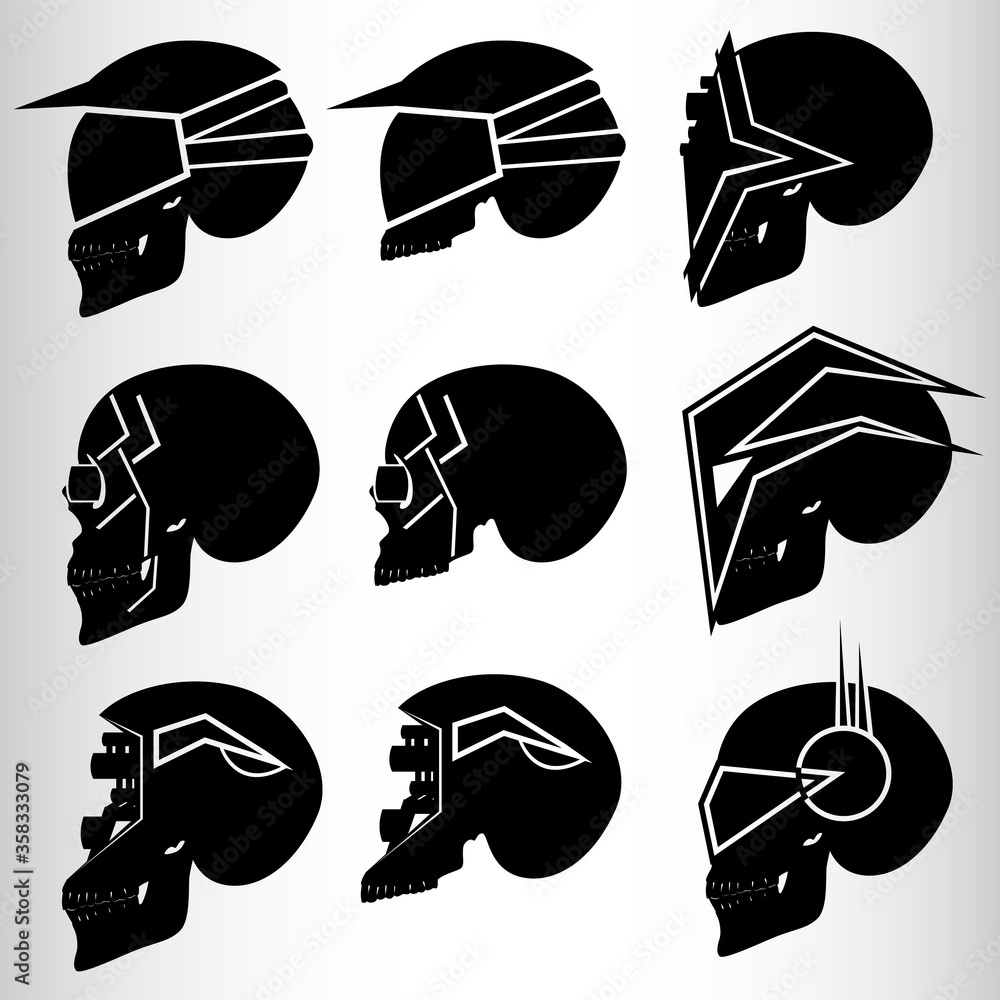 A set of nine skulls in the style of cyberpunk. Set for emblems or ...
