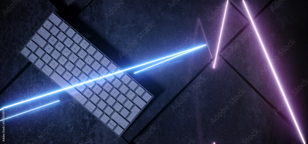 Neon Laser White Keyboard Gaming Closeup Beams Vibrant Purple Blue ...