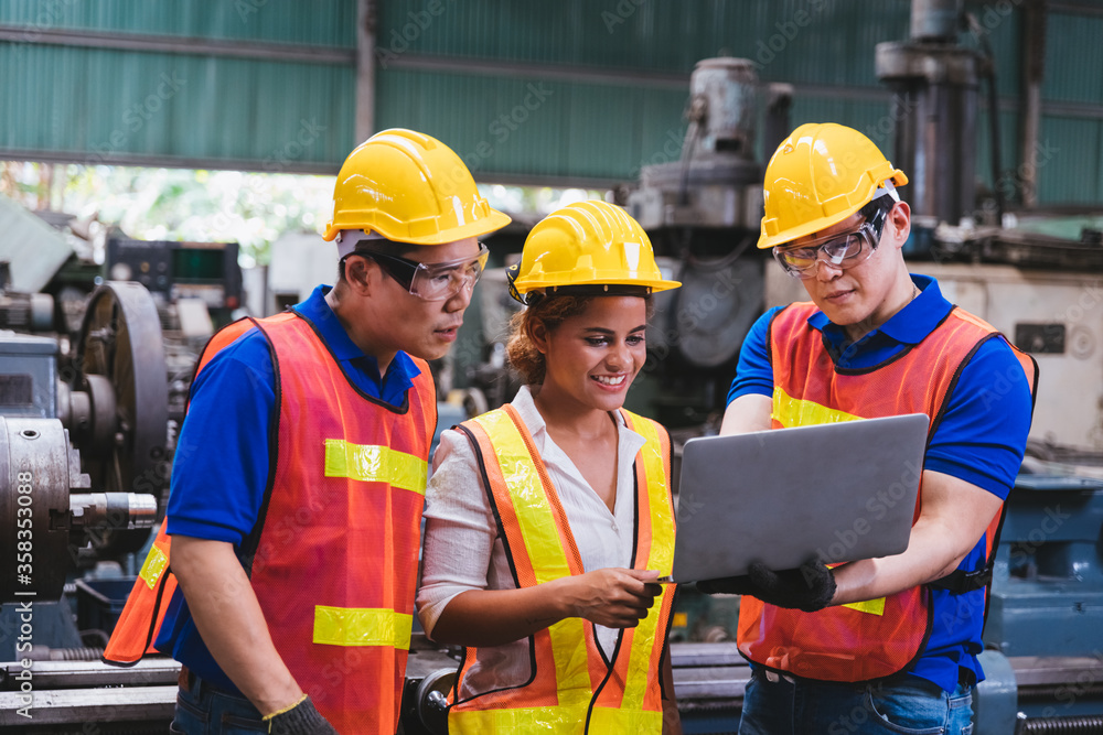 Group of creative asian technician engineer and engineer woman dark ...