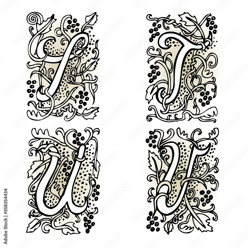 Hand drawn artistic vector fairytale letters " s ", " t ", " u ", " v ...