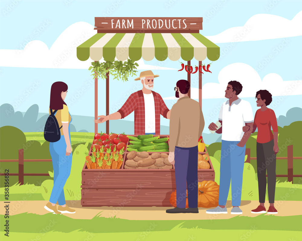 Farmer sell products to customers semi flat vector illustration. County ...