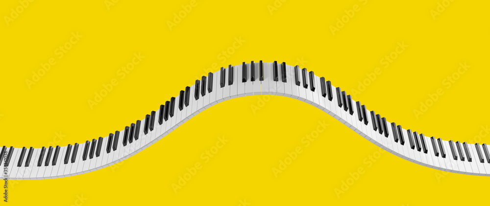Curved grand piano keyboard isolated on yellow background. Abstract ...