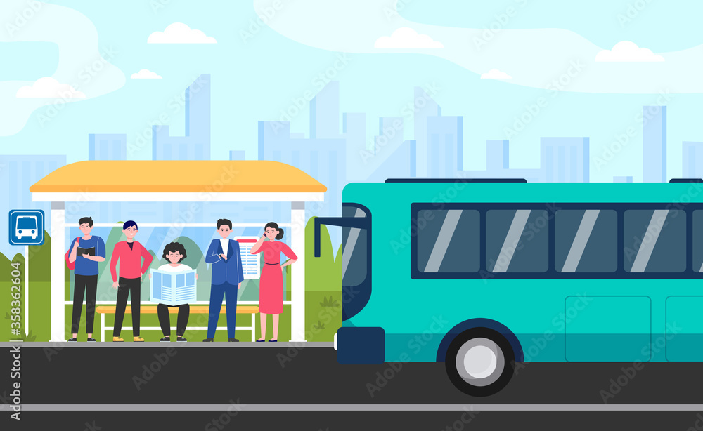 Cartoon passengers standing at bus stop flat vector illustration. Women ...