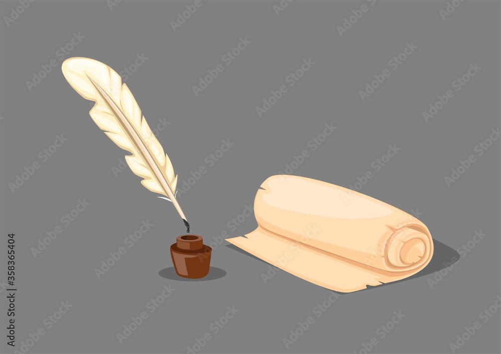 Pen Feather Paper Scroll and ink Well Vintage Writing Tools Symbol icon ...