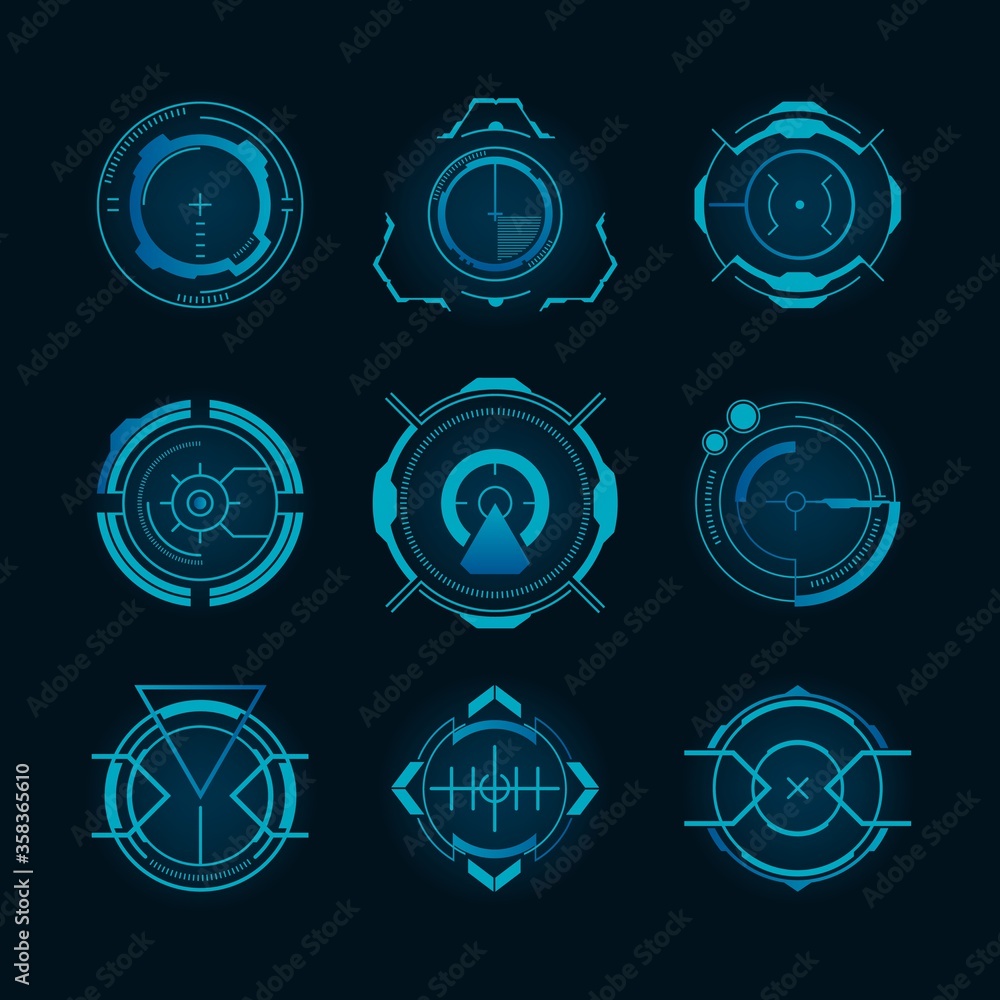 Futuristic target set. Hologram radar, gun aim, circle, sniper ...