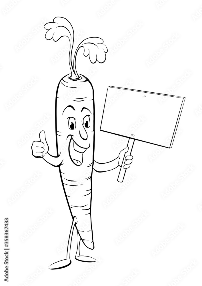 Funny, retro carrot cartoon character in Lineart isolated on white ...