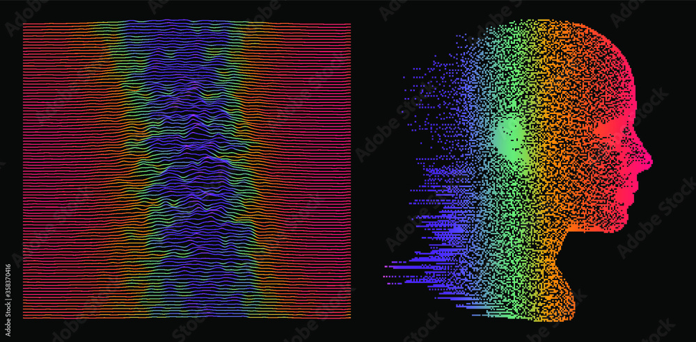 Artificial Intelligence and Virtual Reality concept. 3D human head made ...