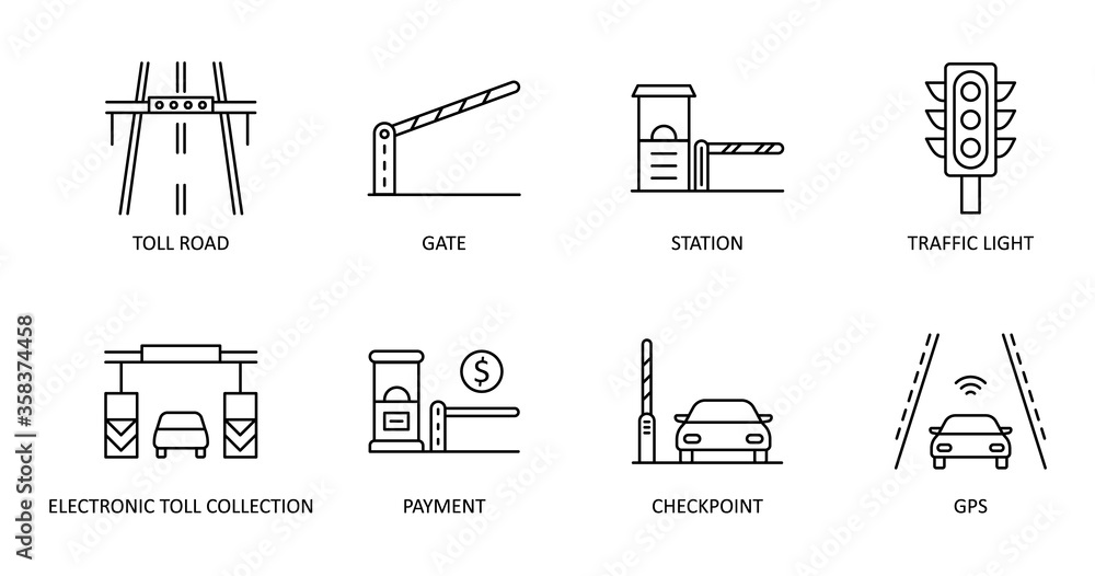 Vector set of toll road icons. Editable Stroke. Highway icon includes ...