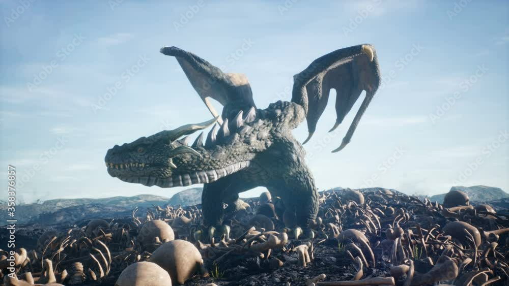 Realistic big dragon lands on scattered human bones. Animation for ...