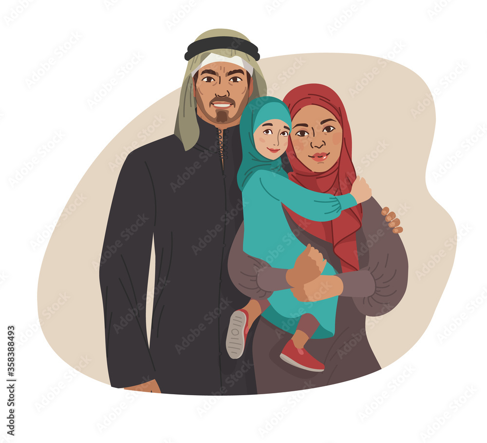 Family portrait. Middle Eastern Muslim People. Arab mother, father and ...
