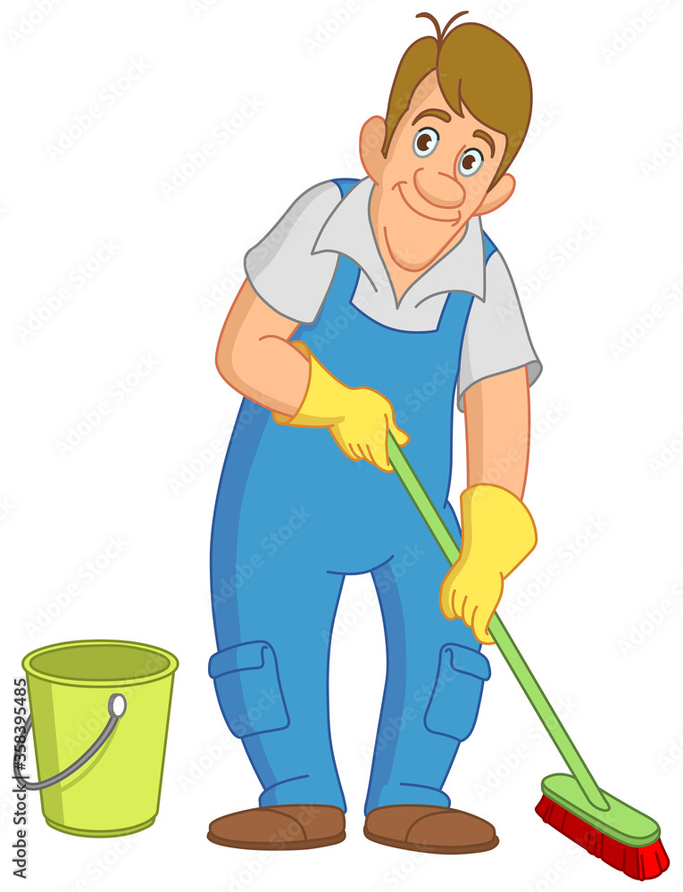 Cleaner man with broom and bucket Stock Vector | Adobe Stock