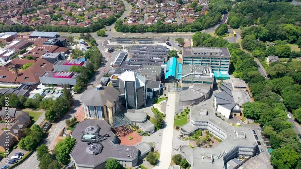 Aerial footage of the Bournemouth University, Talbot Campus buildings ...