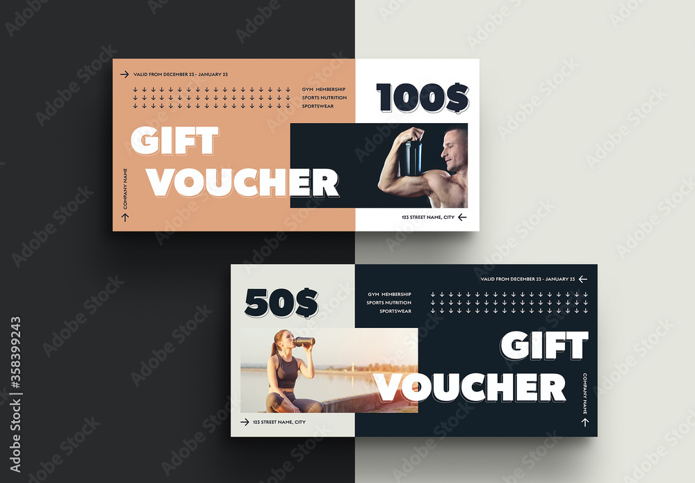 Modern Gift Voucher Layout with Arrow Elements Stock Template | Adobe Stock