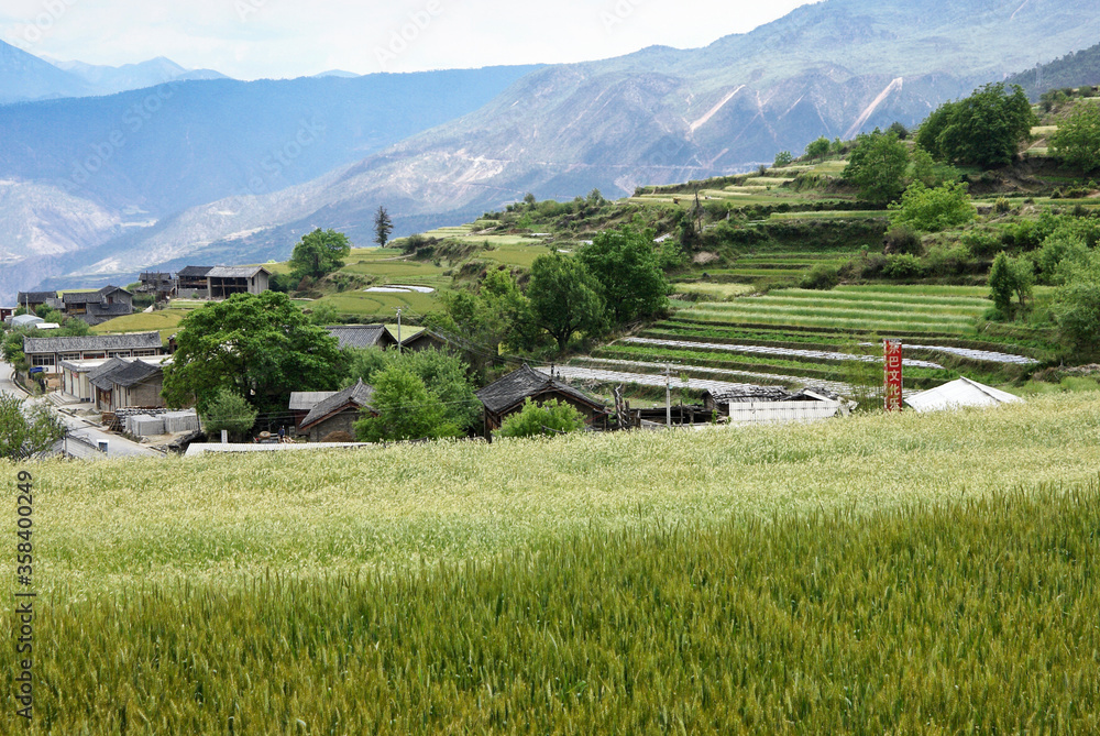 Foto de Houses of the Yi ethnic minority form a tiny village below ...