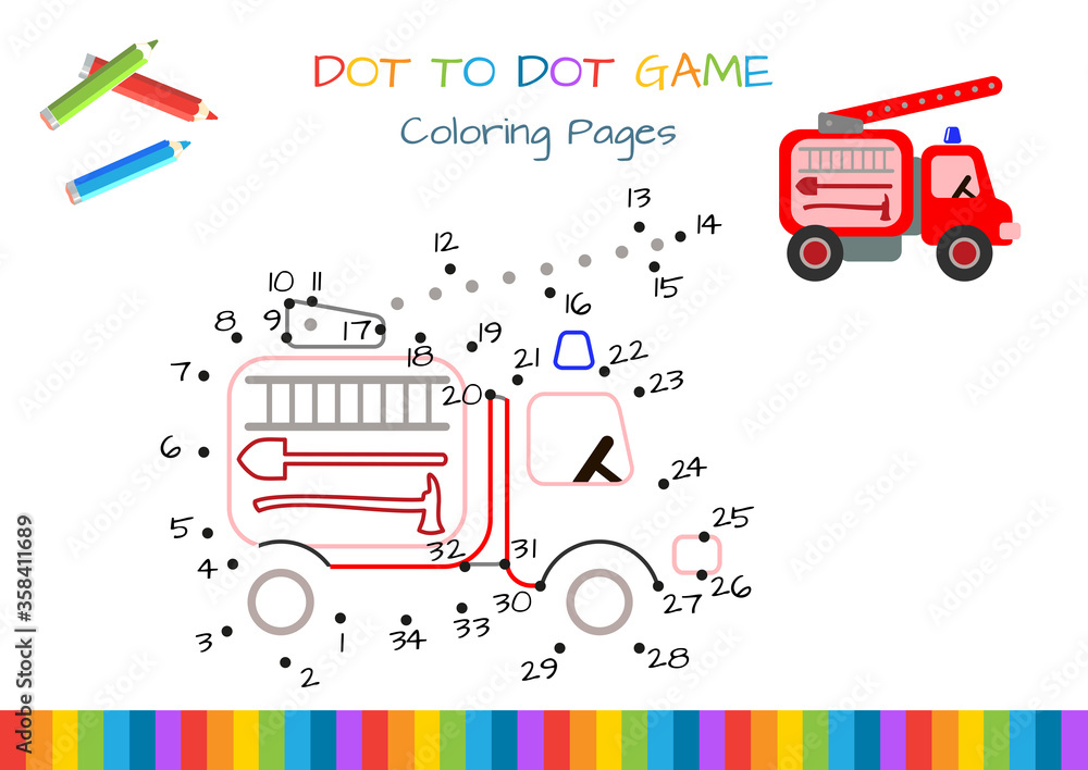 Drawing for coloring: fire truck with a climbing ladder. Numbers game ...