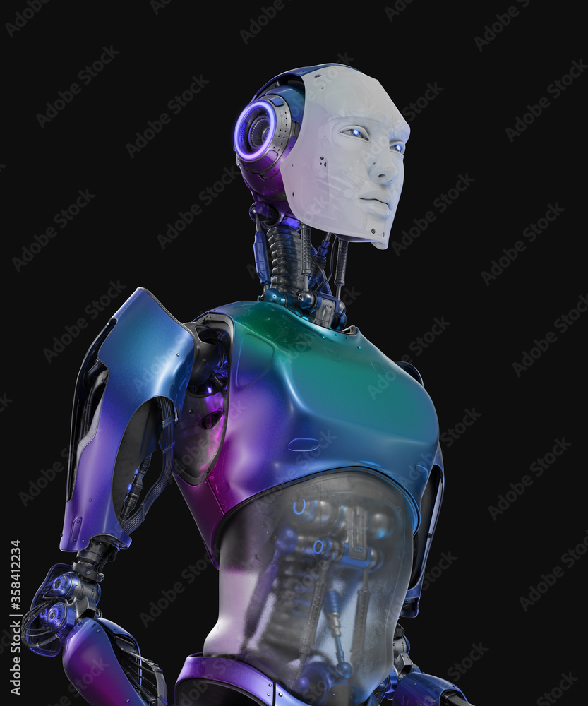 Smart handsome robot man torso with visible mechanical digestive system ...